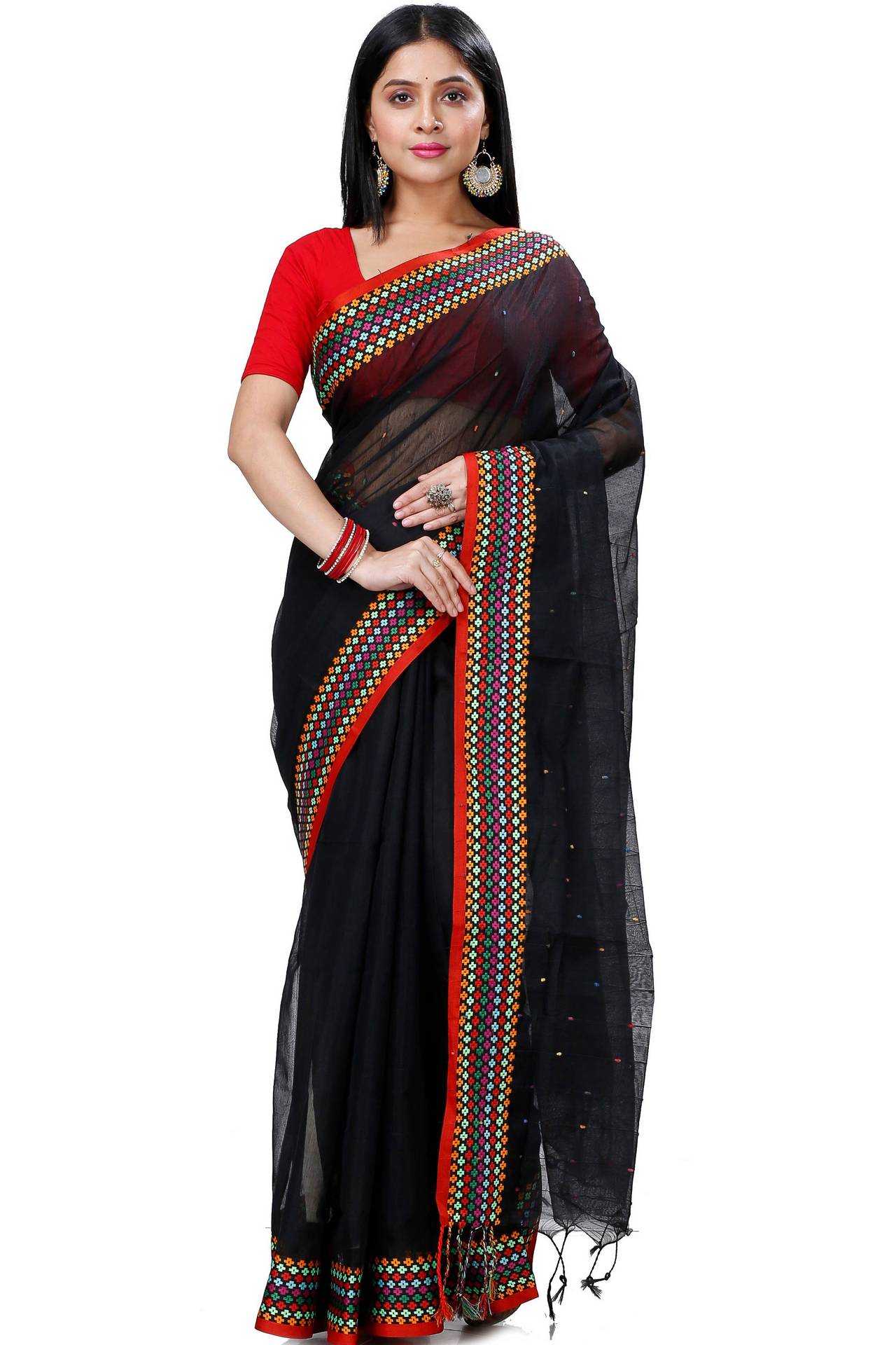 Black Cotton Popkn Hand Loom Saree (1332 )