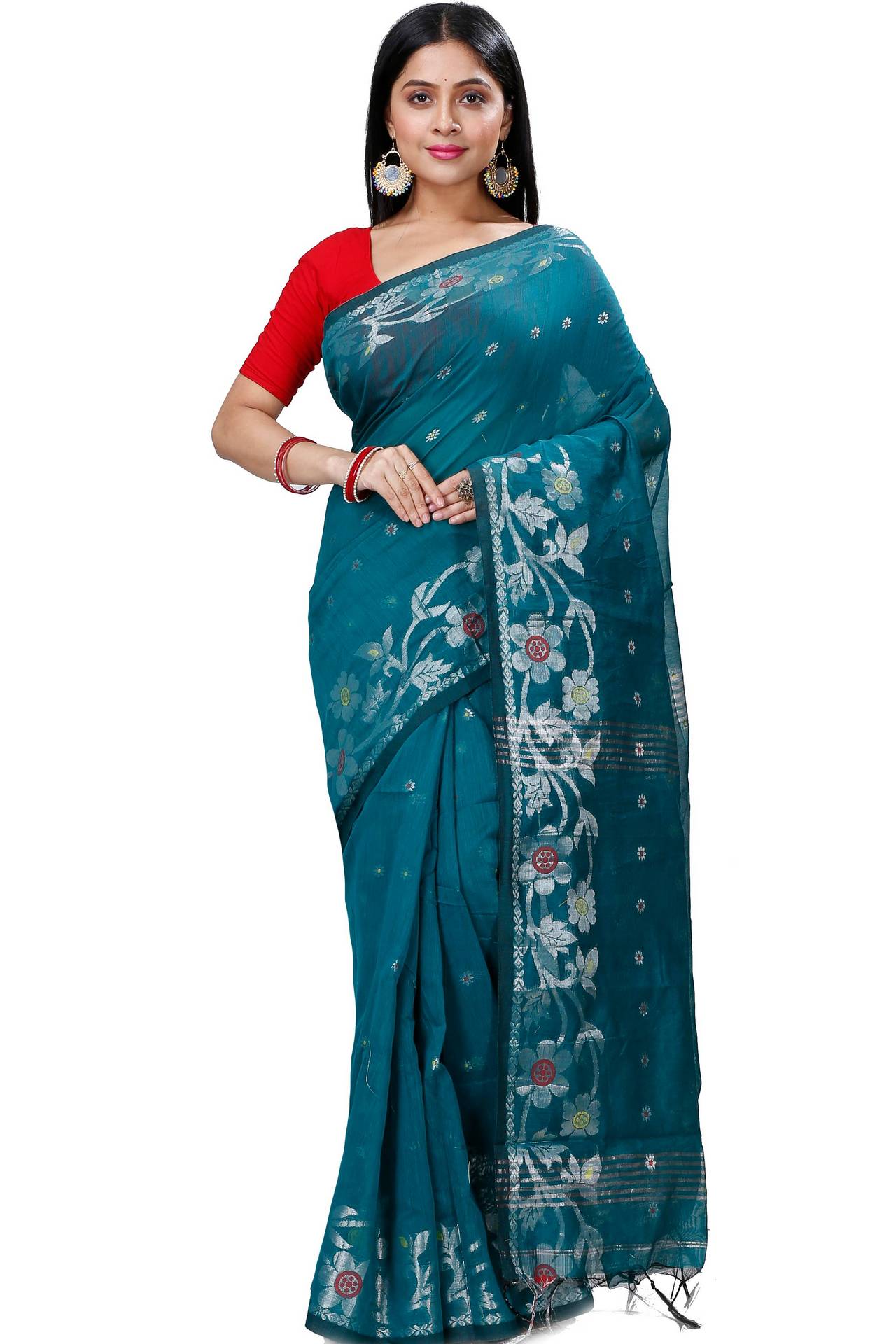Dark Green Blended Cotton Neel Hand Loom Saree (1375 )