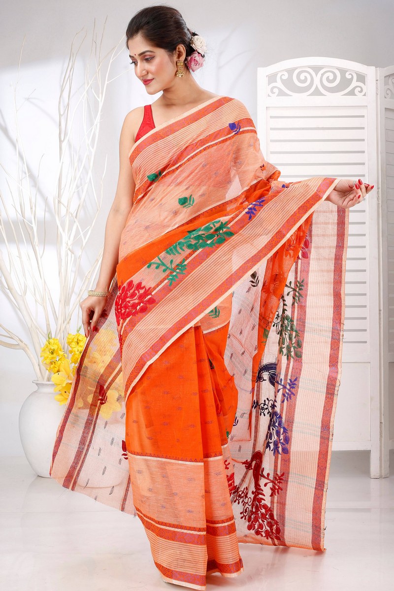 Orange Pure Cotton Embi Debdash Moyur Tant Embroidery (1460)