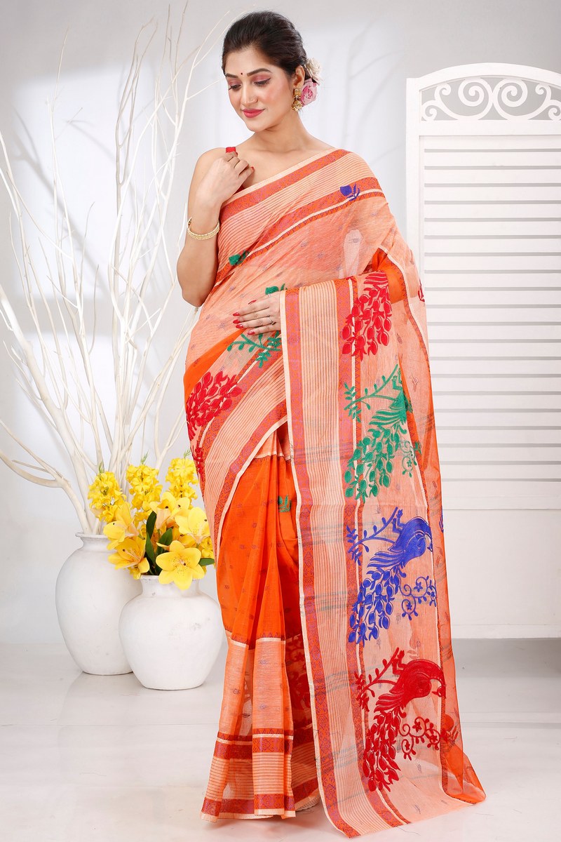 Orange Pure Cotton Embi Debdash Moyur Tant Embroidery (1460)