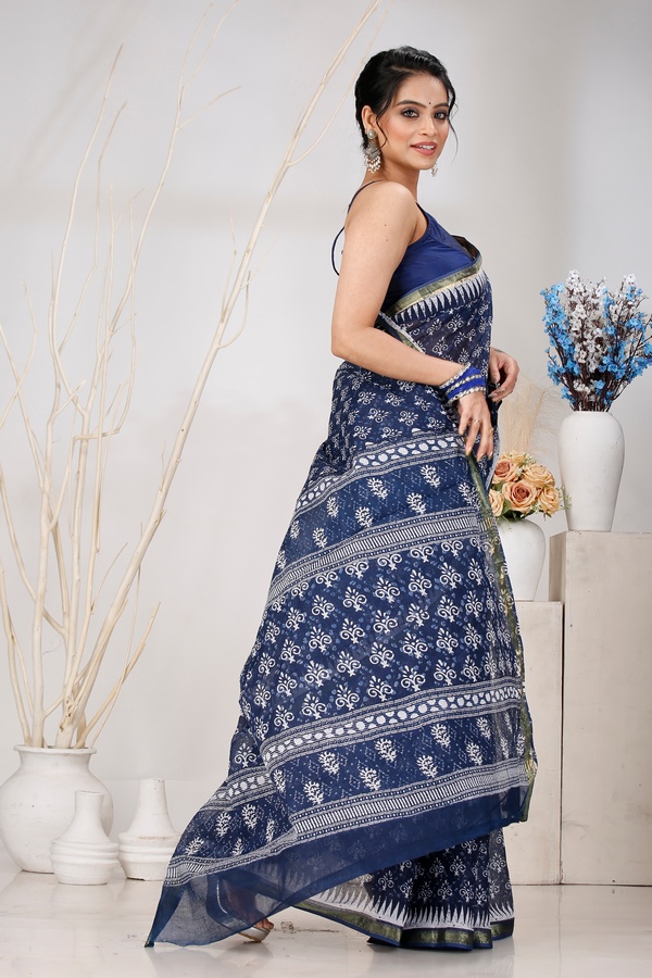 Dark Blue Pure Cotton Mela Hand Loom Saree (1557)