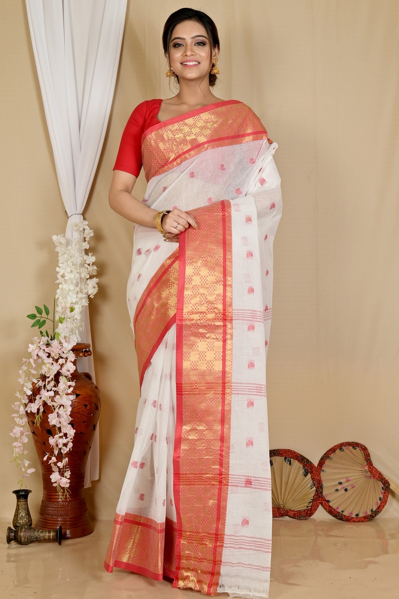 White Red Pure Cotton Atula Tant Saree (1651 )