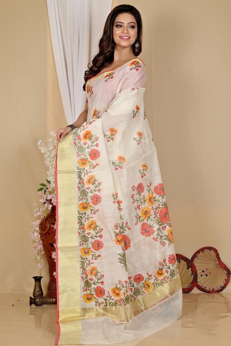White Cotton Narme Hand Loom Saree (1724)