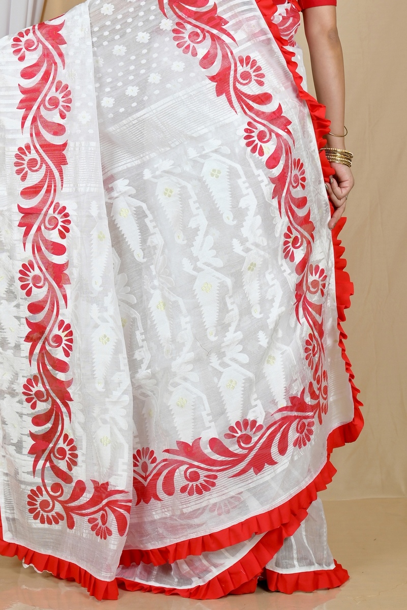 White Red Pure Cotton Borma Hand Loom Saree (2073 )